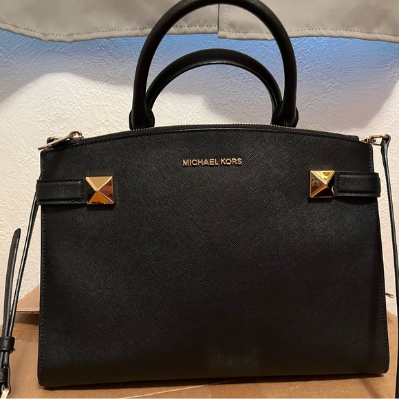 Michael Kors | Bags | Michael Kors Black And Gold Satchel With ...